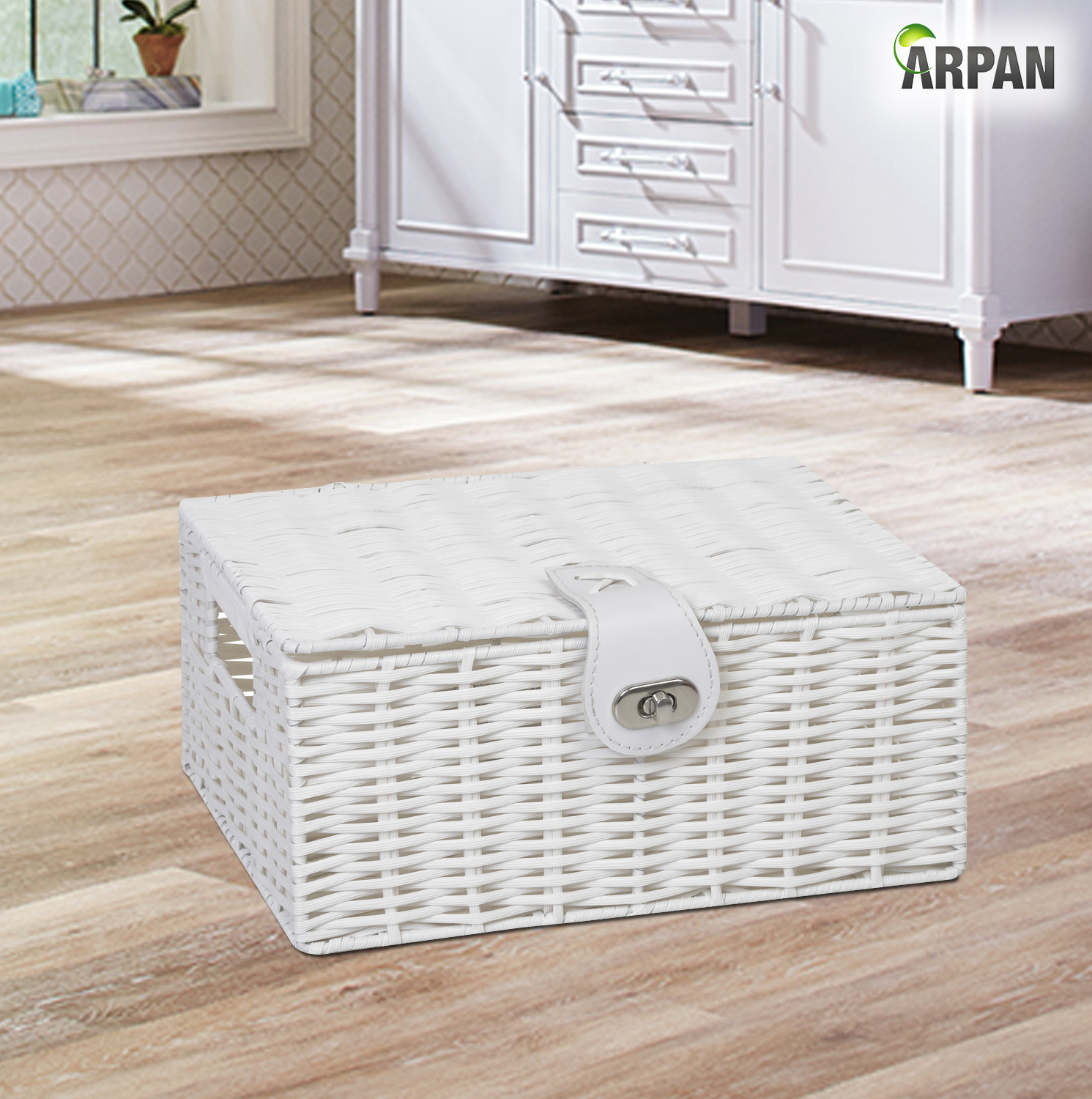 2 x Arpan Small Resin Woven Storage Hamper Basket Box With Lid & Lock ...
