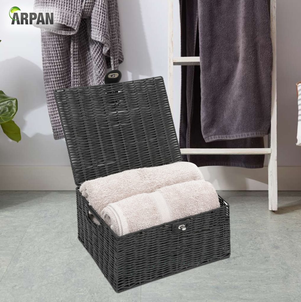2 x Arpan Large Resin Woven Storage Hamper Basket Box With Lid & Lock ...