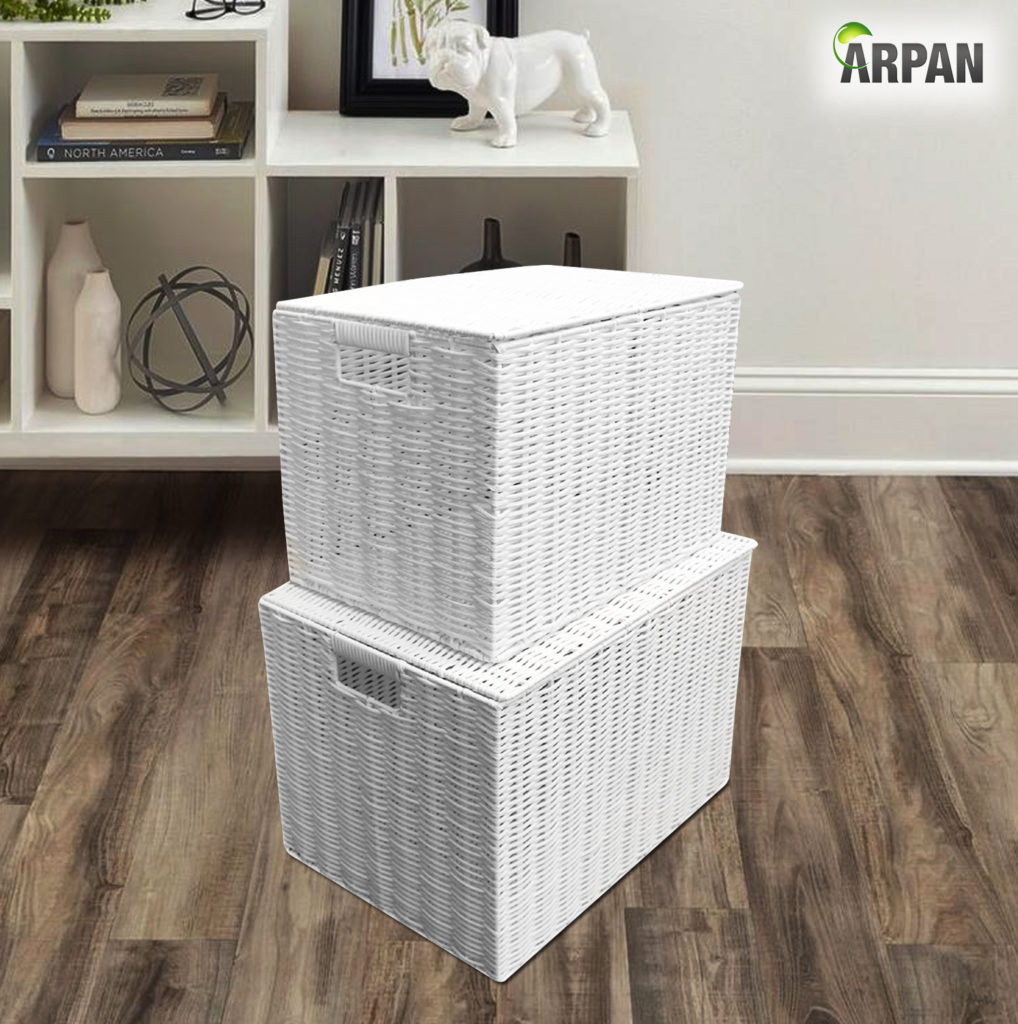 Hamper Basket Storage Chest Trunk Resin White Set of 2 - Clarisworld